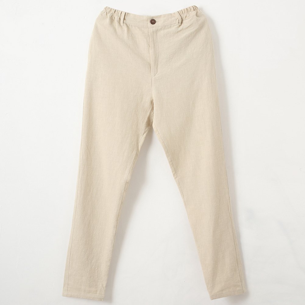 LZJN Men's Linen Slim-Fit Casual Pants LeisureTrousers Back Elastic Waistband with Pockets (Beige, XL)