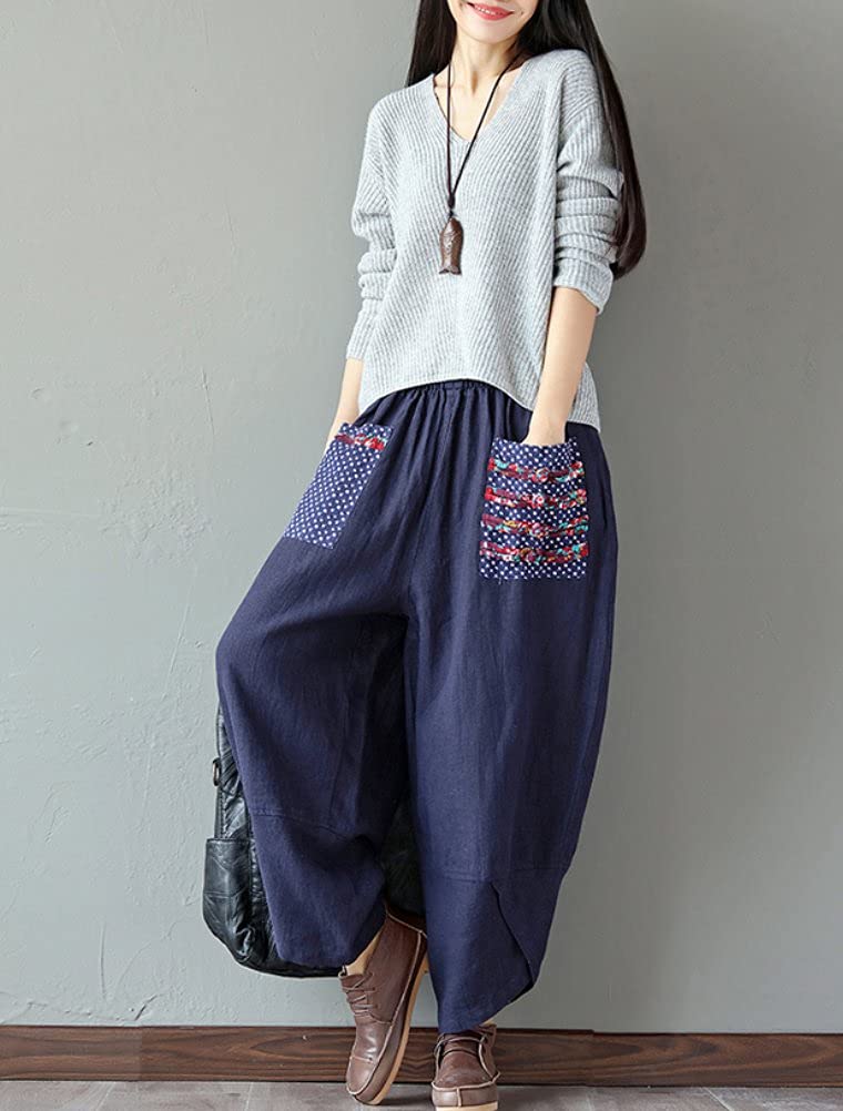 Minibee Women's Baggy Linen Wide Leg Trousers Casual Patchwork Elastic Waist Harem Pants Navy Blue 2XL