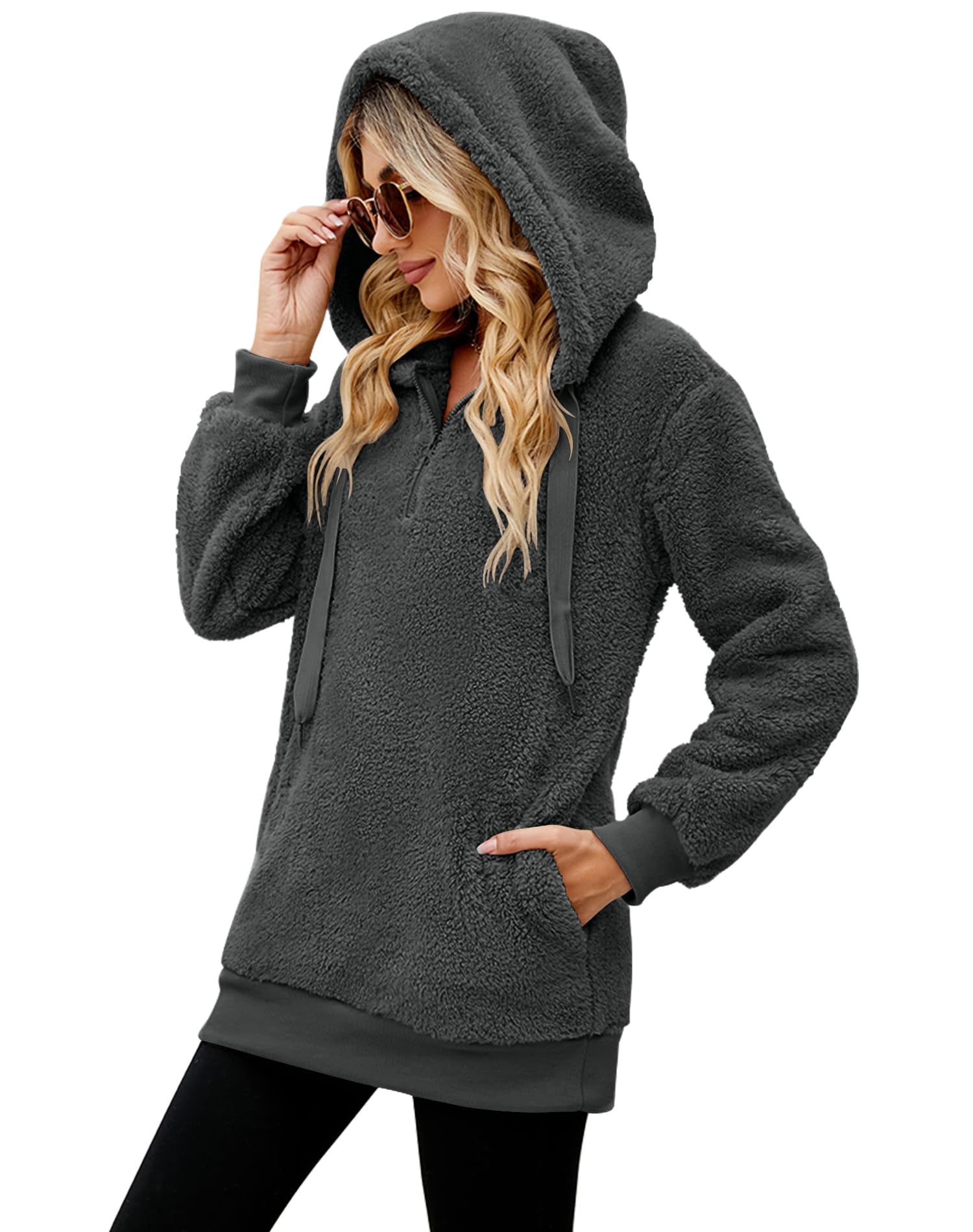 Yanekop Womens Hoodies Sherpa Pullover Sweater Fuzzy Fleece Sweatshirt Oversized Hoodie Cozy Outerwear with Pockets(A Dark Gray,S)