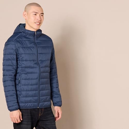 Amazon Essentials Men's Lightweight Water-Resistant Packable Hooded Puffer Jacket, Navy, Large