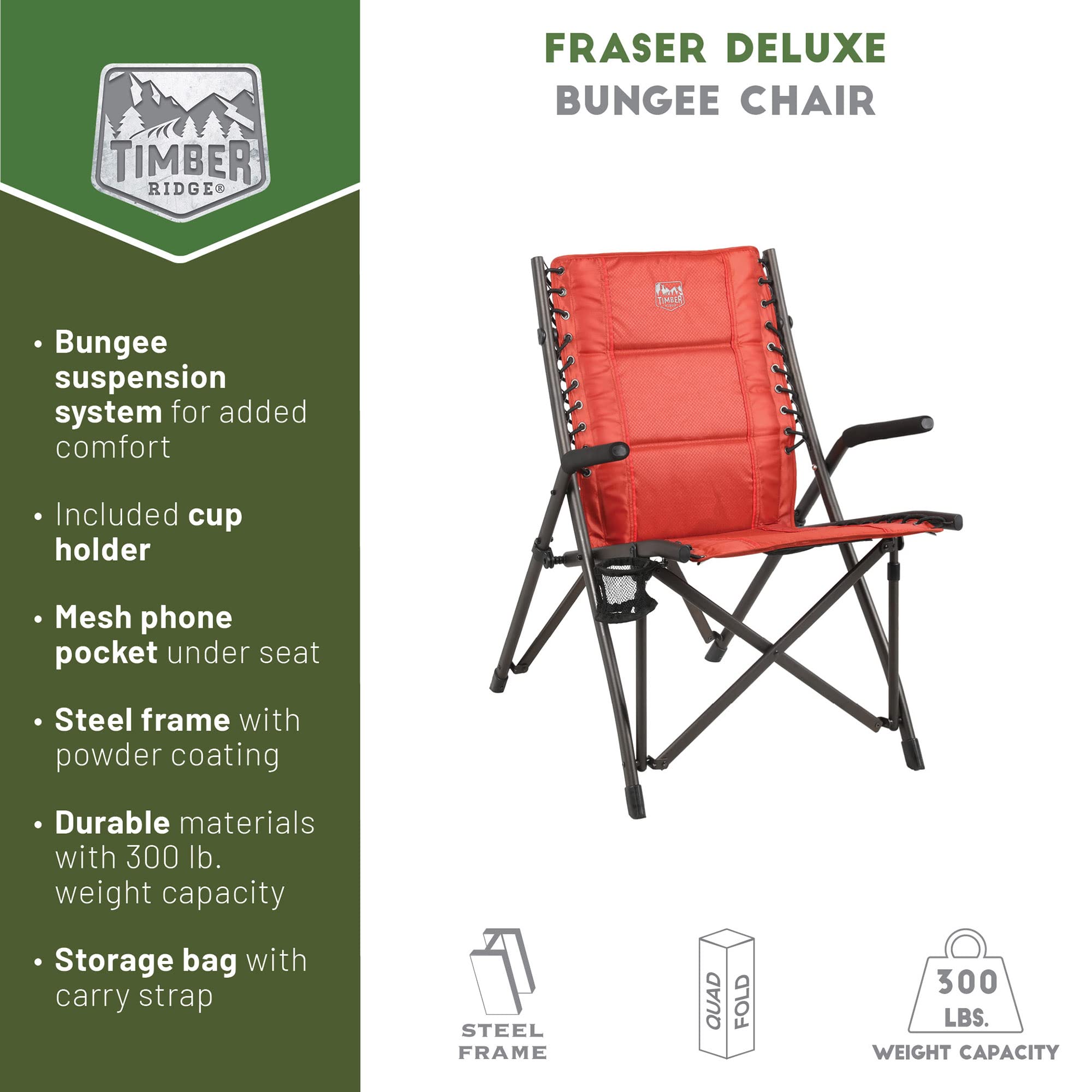 TIMBER RIDGE Bungee Folding Camping Chairs for Adults, Heavy Duty Collapsible Padded Chair with Armrests Cup Holder, Foldable Outdoor Lounge Chairs for Beach, Fishing, Lawn, Supports 300 lbs, Red