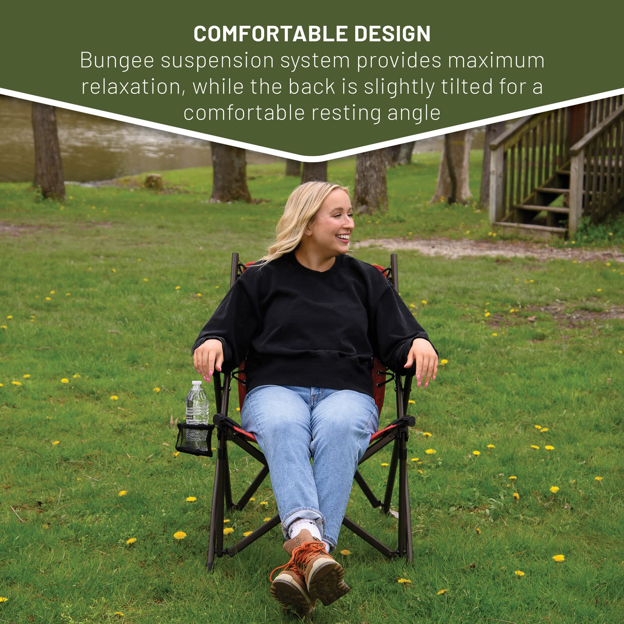 TIMBER RIDGE Bungee Folding Camping Chairs for Adults, Heavy Duty Collapsible Padded Chair with Armrests Cup Holder, Foldable Outdoor Lounge Chairs for Beach, Fishing, Lawn, Supports 300 lbs, Red