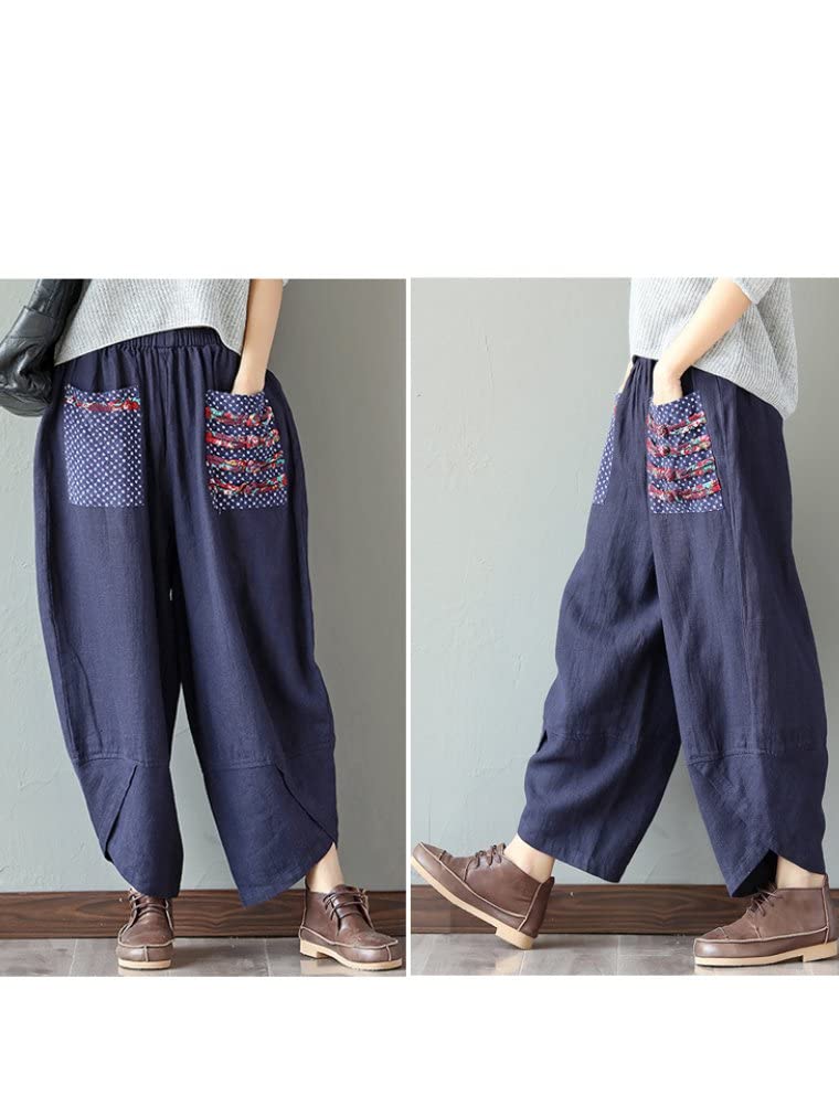 Minibee Women's Baggy Linen Wide Leg Trousers Casual Patchwork Elastic Waist Harem Pants Navy Blue 2XL