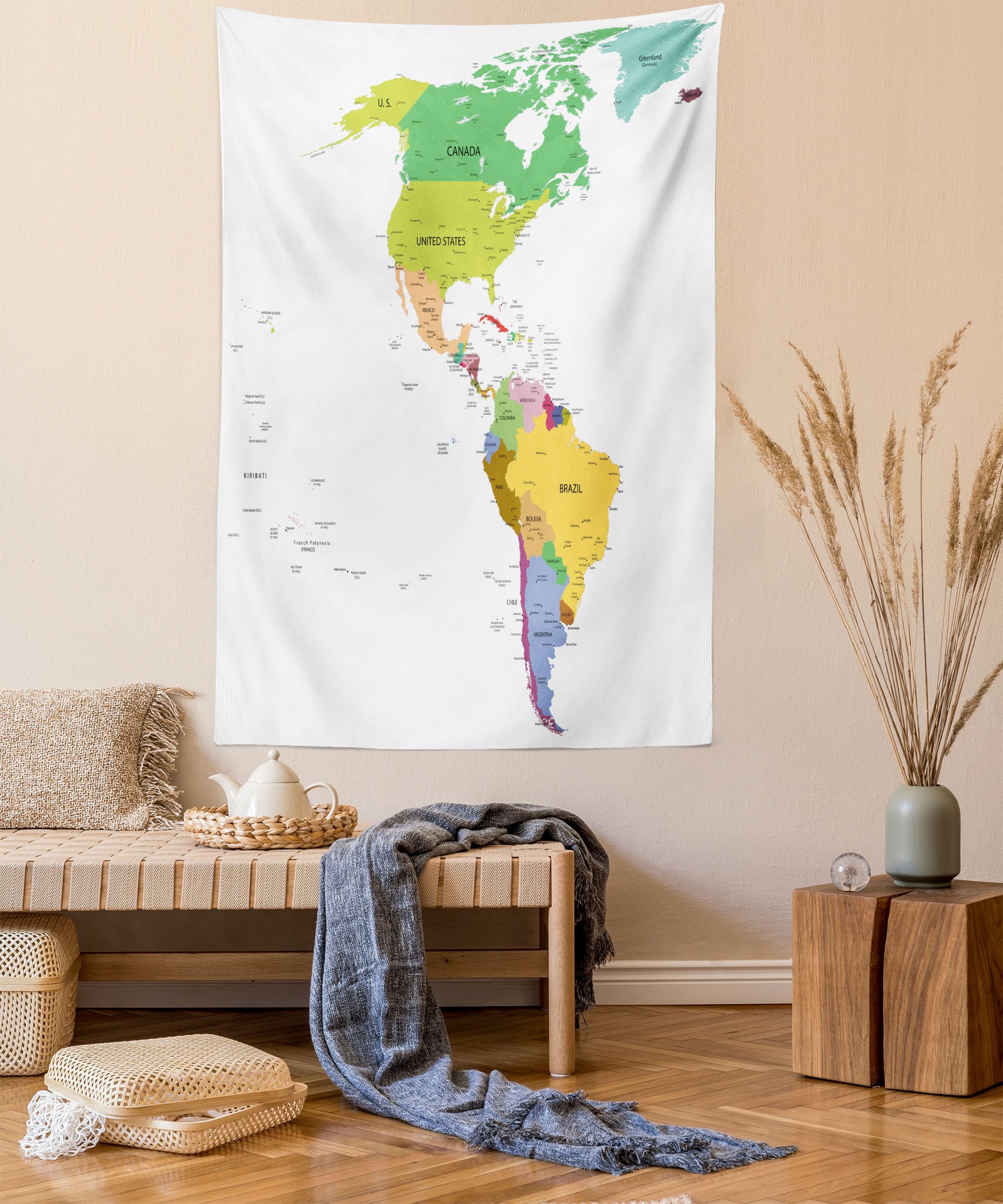 Ambesonne Map Tapestry, Map of South and North America with Countries Capitals and Major Cities Colorful Design, Wall Hanging for Bedroom Living Room Dorm Decor, 40" X 60", Green White