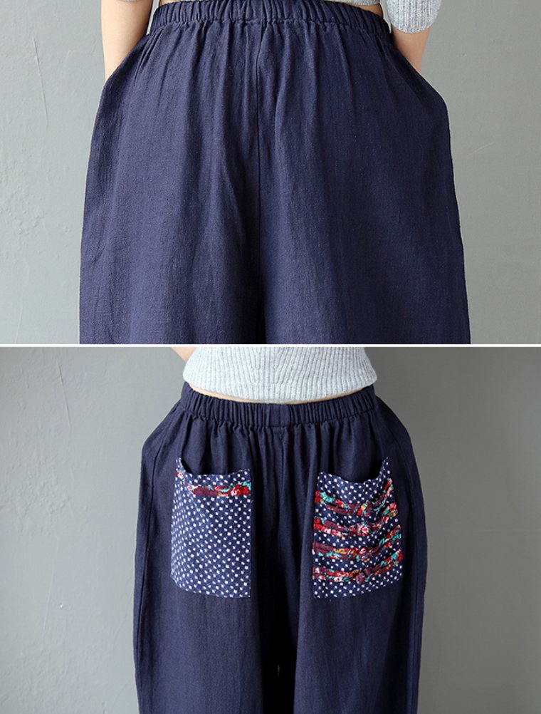 Minibee Women's Baggy Linen Wide Leg Trousers Casual Patchwork Elastic Waist Harem Pants Navy Blue 2XL