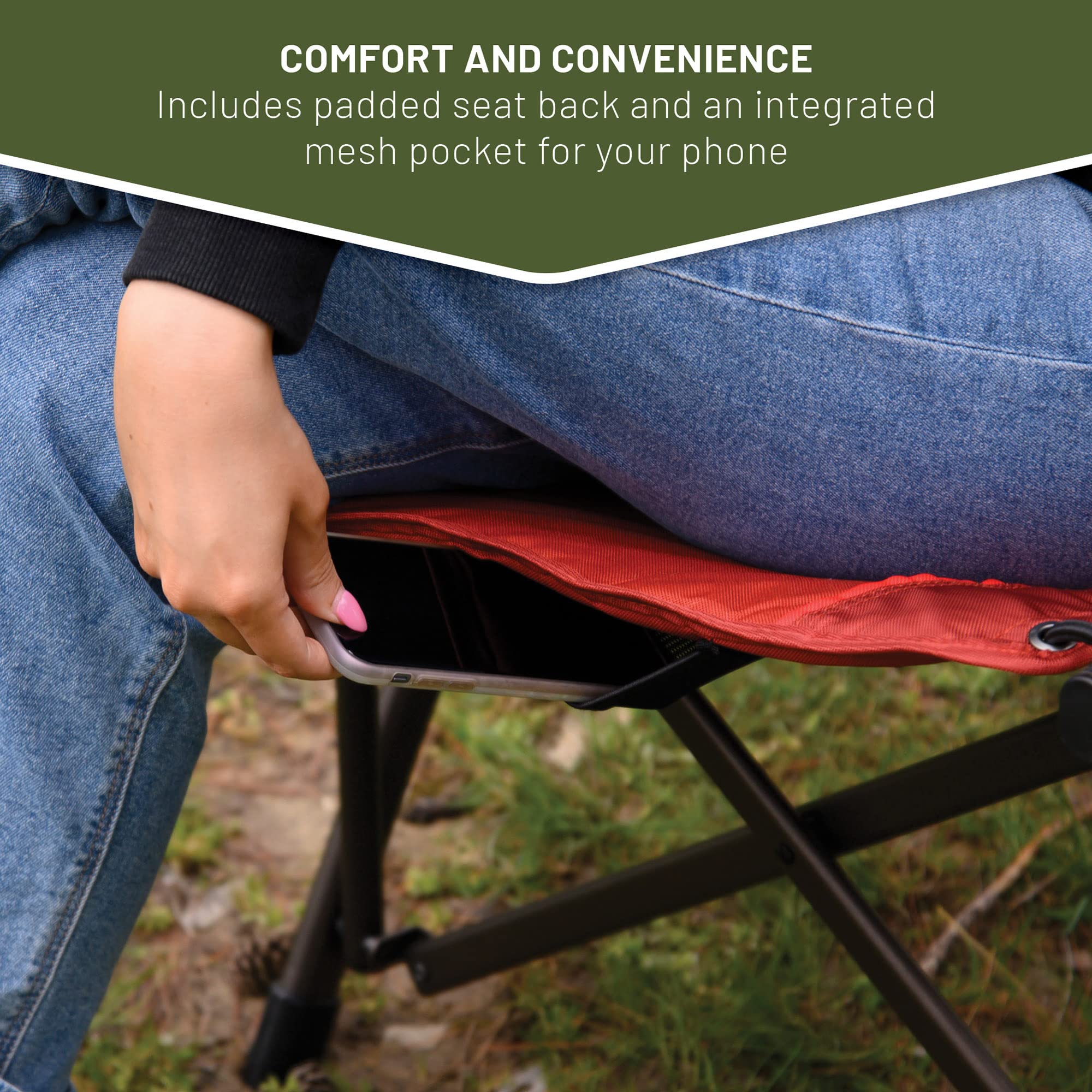 TIMBER RIDGE Bungee Folding Camping Chairs for Adults, Heavy Duty Collapsible Padded Chair with Armrests Cup Holder, Foldable Outdoor Lounge Chairs for Beach, Fishing, Lawn, Supports 300 lbs, Red