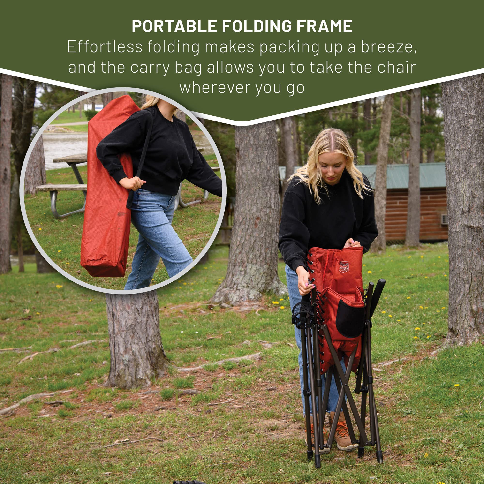 TIMBER RIDGE Bungee Folding Camping Chairs for Adults, Heavy Duty Collapsible Padded Chair with Armrests Cup Holder, Foldable Outdoor Lounge Chairs for Beach, Fishing, Lawn, Supports 300 lbs, Red