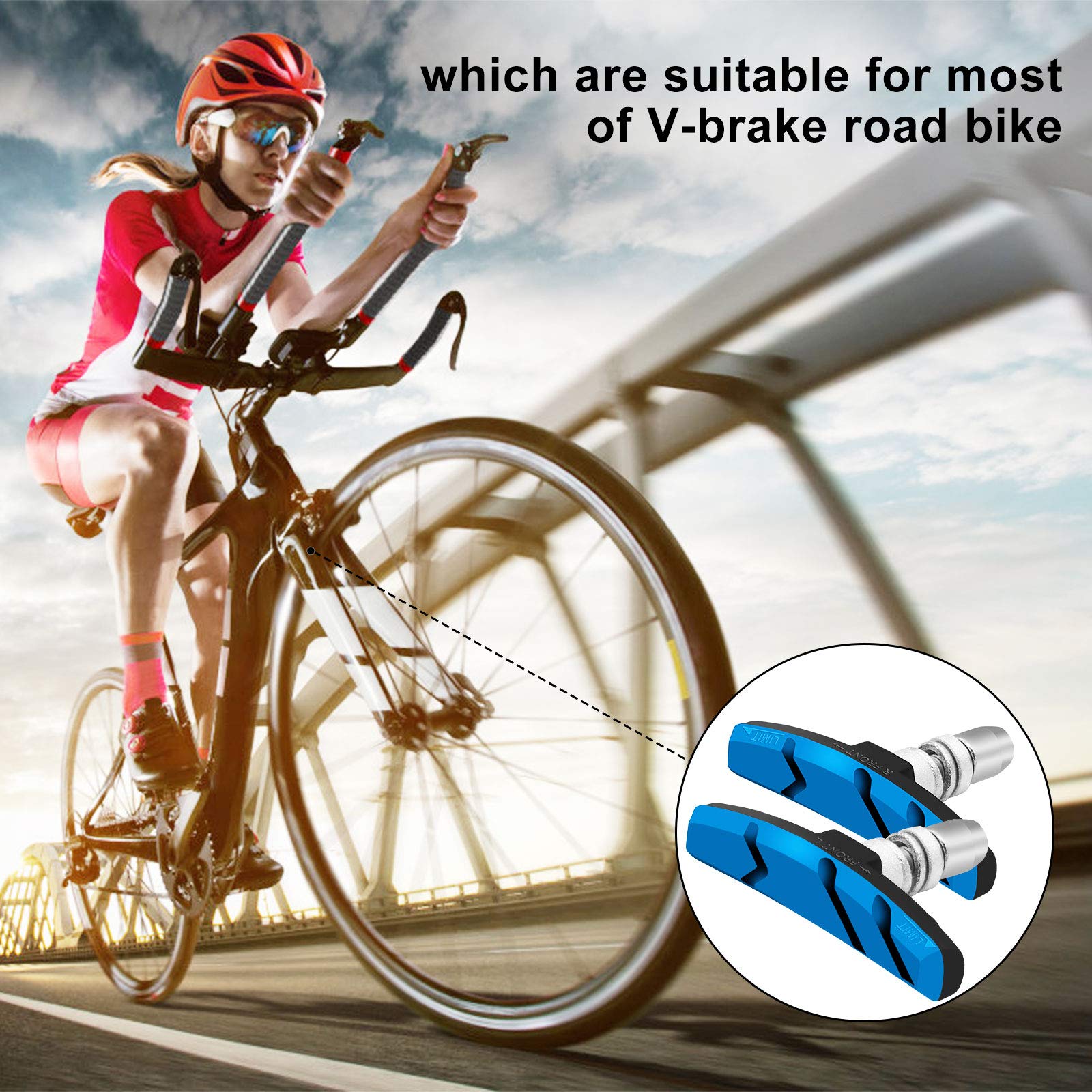 Alritz Bike Brake Pads Set, 6 PCS Road Mountain Bicycle V-Brake Blocks Shoes with Hex Nut and Shims, No Noise No Skid, 70mm, for Front and Back Wheel (Blue)