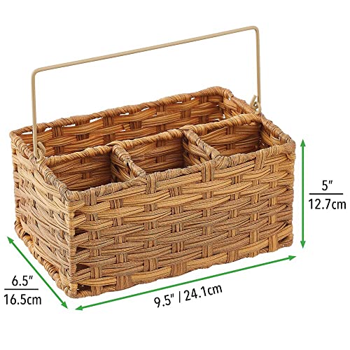 mDesign Plastic Woven Divided Cutlery Storage Organizer Caddy Tote; Basket Holder for Kitchen Table, Cabinet, Pantry - Holds Silverware, Forks, Knives, Spoons, Napkins and other Utensils - Camel Brown
