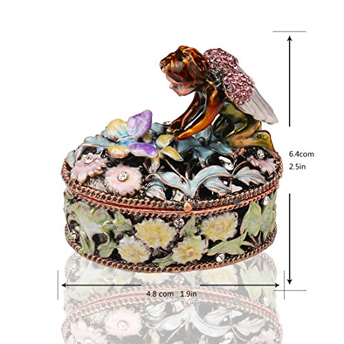 YU FENG Vintage Angel Flower Trinket Boxes Hinged Crystal Jeweled Collectible Jewerly Display Ring Holder Box
