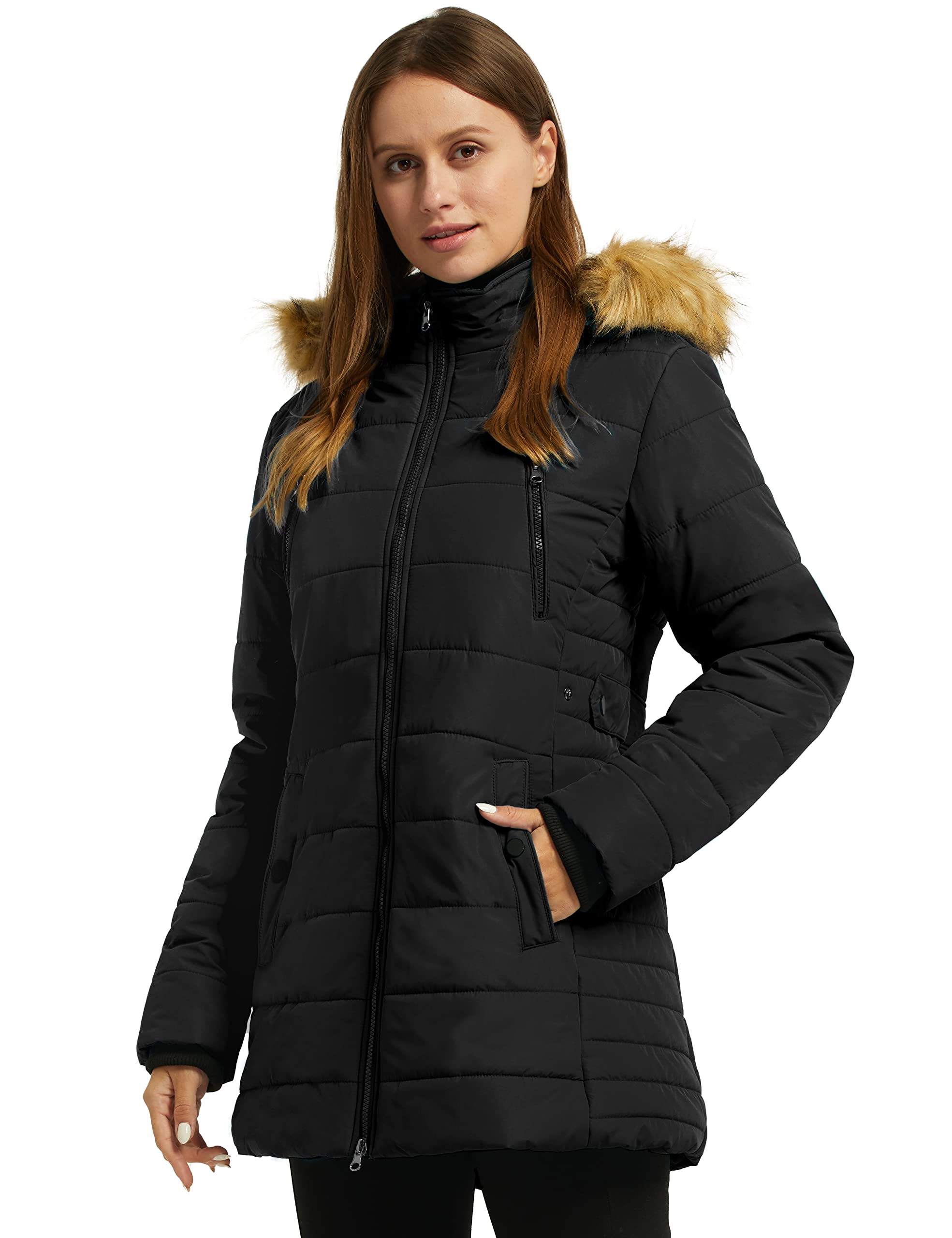 wantdo Women's Winter Warm Long Parka Coat Thicken Outerwear with Hood Black M