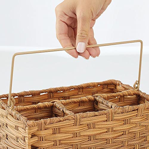 mDesign Plastic Woven Divided Cutlery Storage Organizer Caddy Tote; Basket Holder for Kitchen Table, Cabinet, Pantry - Holds Silverware, Forks, Knives, Spoons, Napkins and other Utensils - Camel Brown