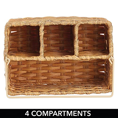 mDesign Plastic Woven Divided Cutlery Storage Organizer Caddy Tote; Basket Holder for Kitchen Table, Cabinet, Pantry - Holds Silverware, Forks, Knives, Spoons, Napkins and other Utensils - Camel Brown