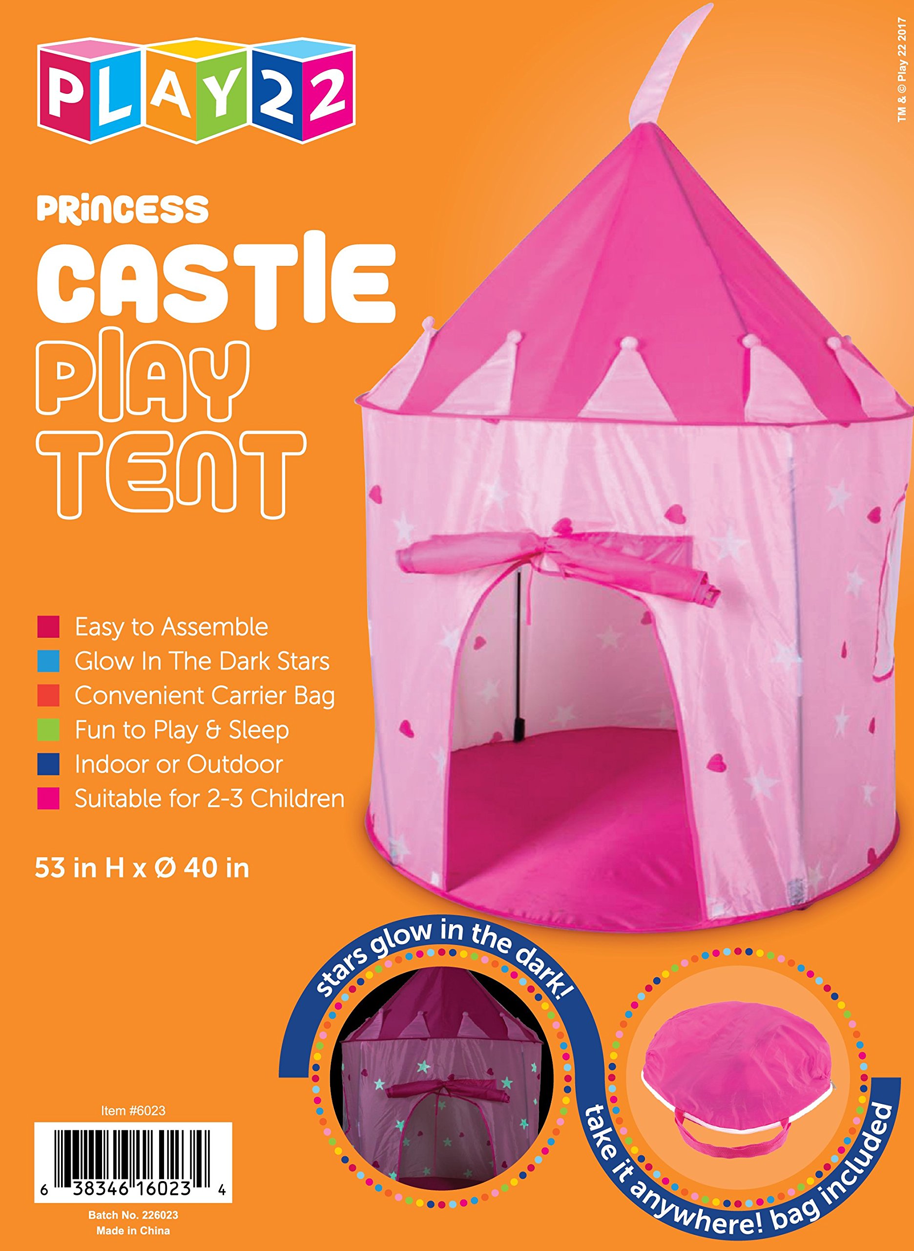 Play22 Play Tent Princess Castle Pink - Features Glow in The Dark Stars - Portable - Kids Pop Up Tent Foldable Into A Carrying Bag - Indoor and Outdoor Use - Original
