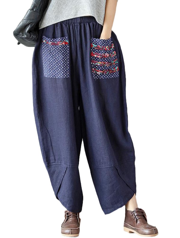 Minibee Women's Baggy Linen Wide Leg Trousers Casual Patchwork Elastic Waist Harem Pants Navy Blue 2XL