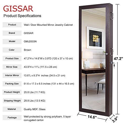 GISSAR Jewelry Mirror Armoire Wall Mount Over The Door, Mirror Jewelry Cabinet Storage Organizer Locking (Brown)