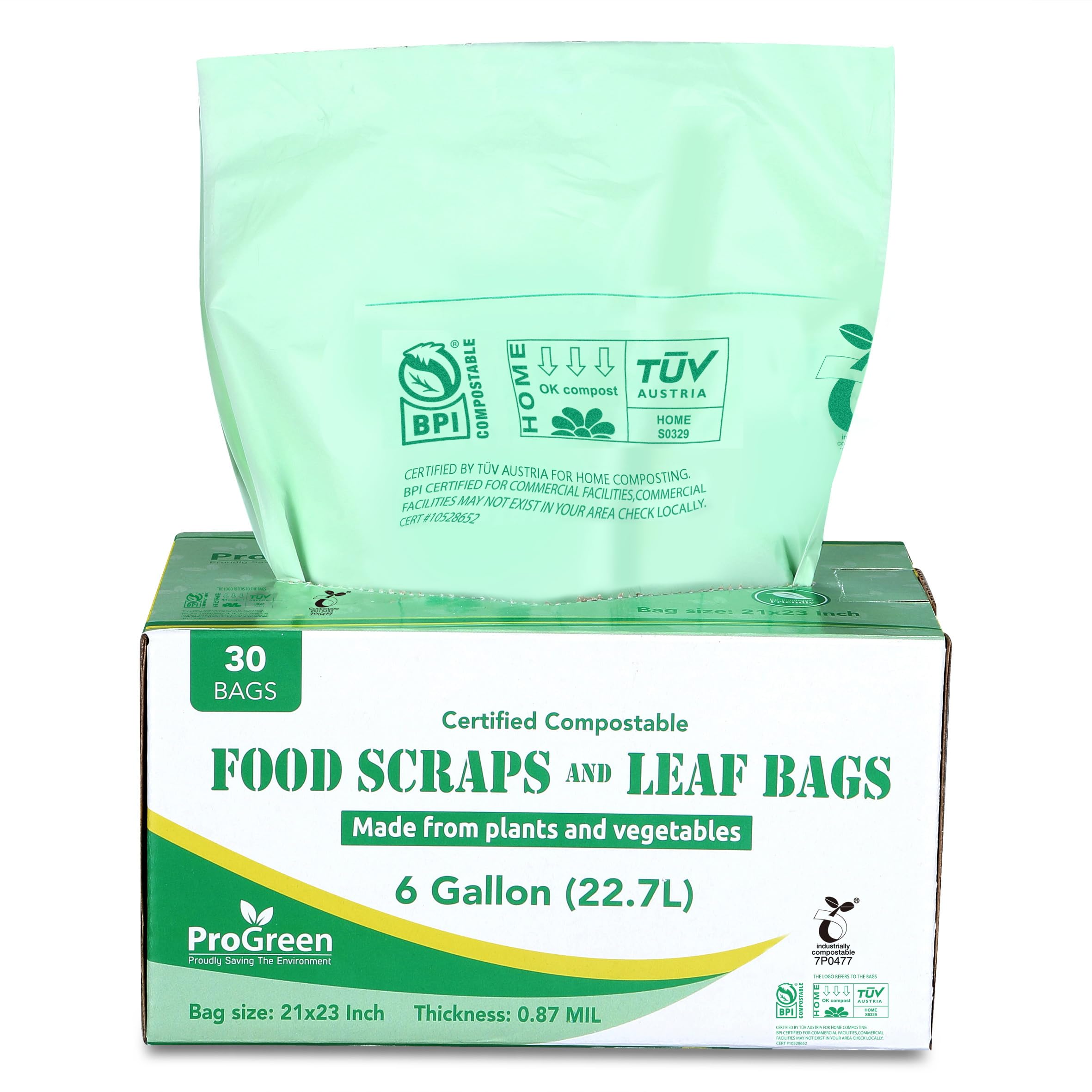 ProGreen Compostable Trash Bags, Extra Thick, Compost Kitchen Bin Bags, Food Scraps Yard Waste Bags, ASTM D6400 BPI and TÜV AUSTRIA Certified (6 Gallon, Pack of 30)