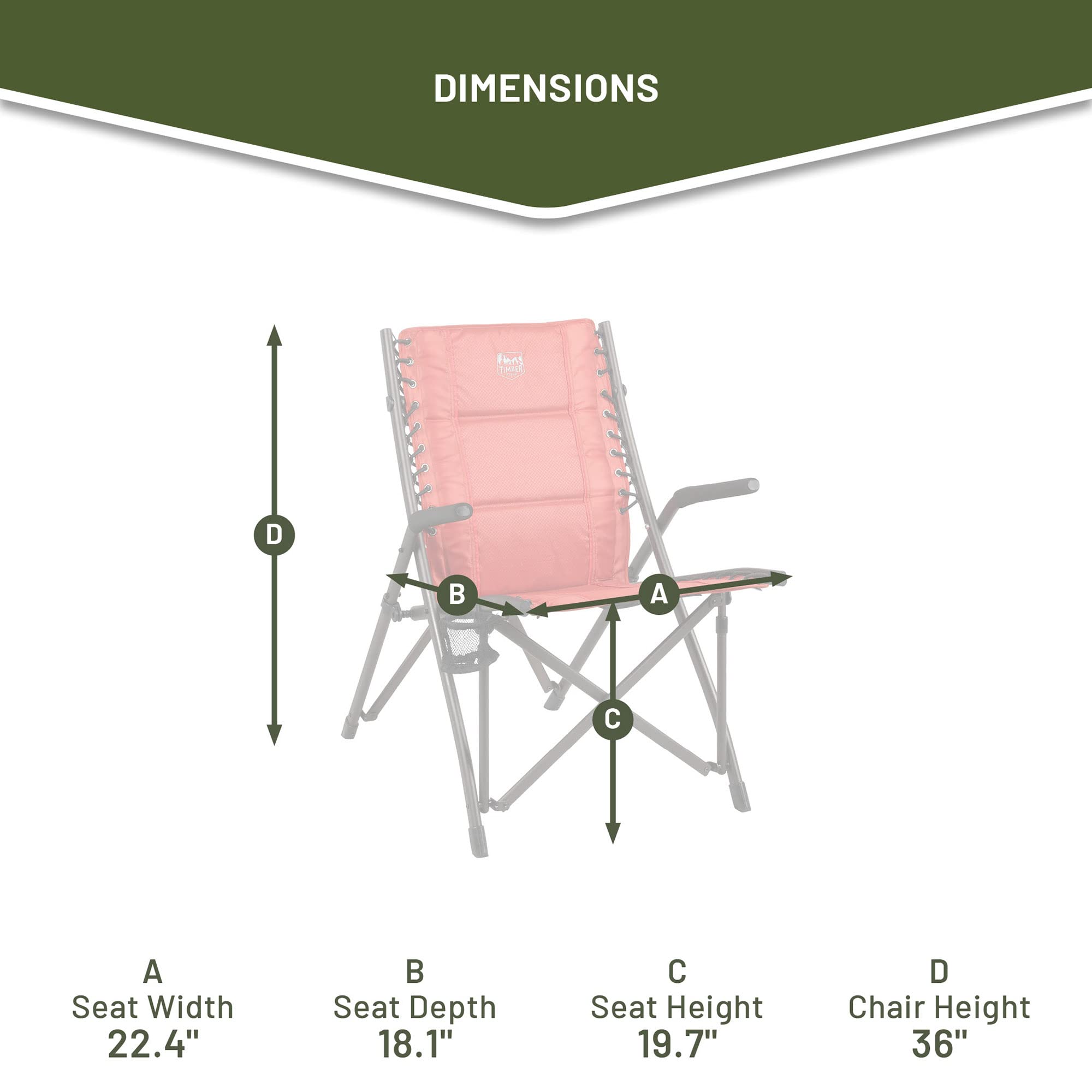 TIMBER RIDGE Bungee Folding Camping Chairs for Adults, Heavy Duty Collapsible Padded Chair with Armrests Cup Holder, Foldable Outdoor Lounge Chairs for Beach, Fishing, Lawn, Supports 300 lbs, Red