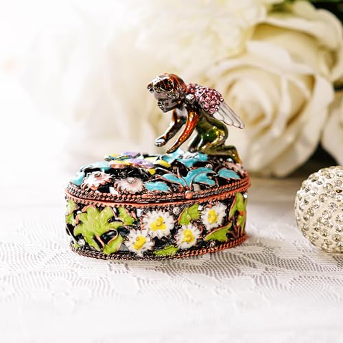YU FENG Vintage Angel Flower Trinket Boxes Hinged Crystal Jeweled Collectible Jewerly Display Ring Holder Box