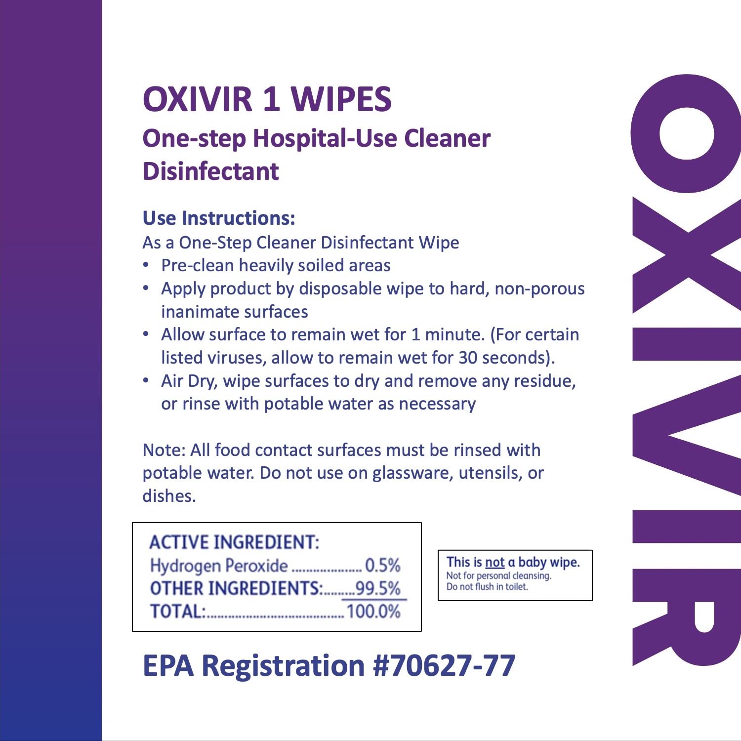 Diversey Oxivir 1 100962573 Disinfectant Wipes, Virucidal, Bactericidal, Tuberculocidal, Fungicide with Accelerated Hydrogen Peroxide, 60 Large 10"x10" Wipes, 1-Canister