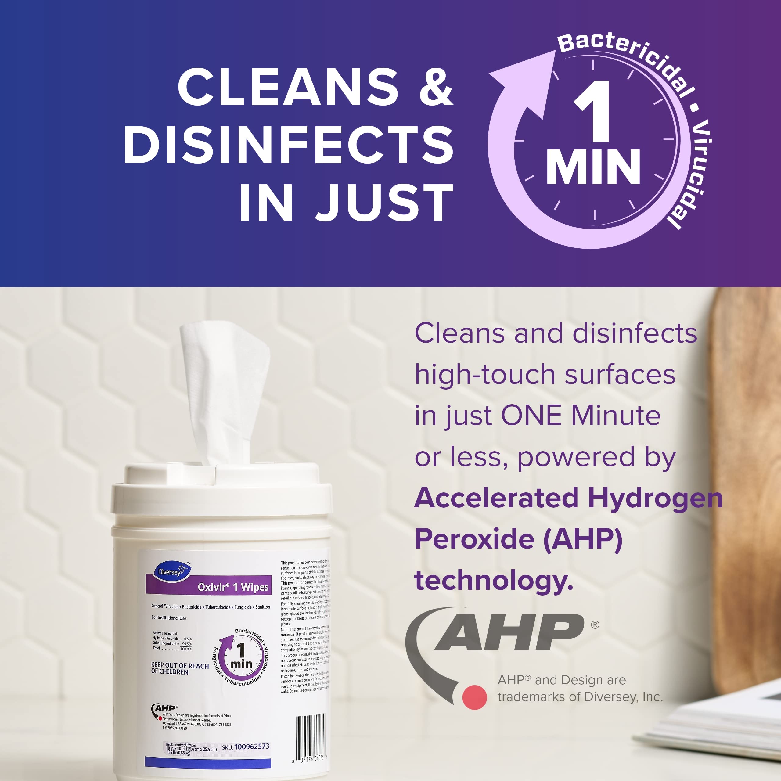 Diversey Oxivir 1 100962573 Disinfectant Wipes, Virucidal, Bactericidal, Tuberculocidal, Fungicide with Accelerated Hydrogen Peroxide, 60 Large 10"x10" Wipes, 1-Canister