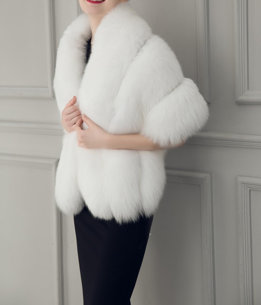 UMREN Women's Luxury Party Faux Fox Fur Long Shawl Cloak Cape for Winter Pink A