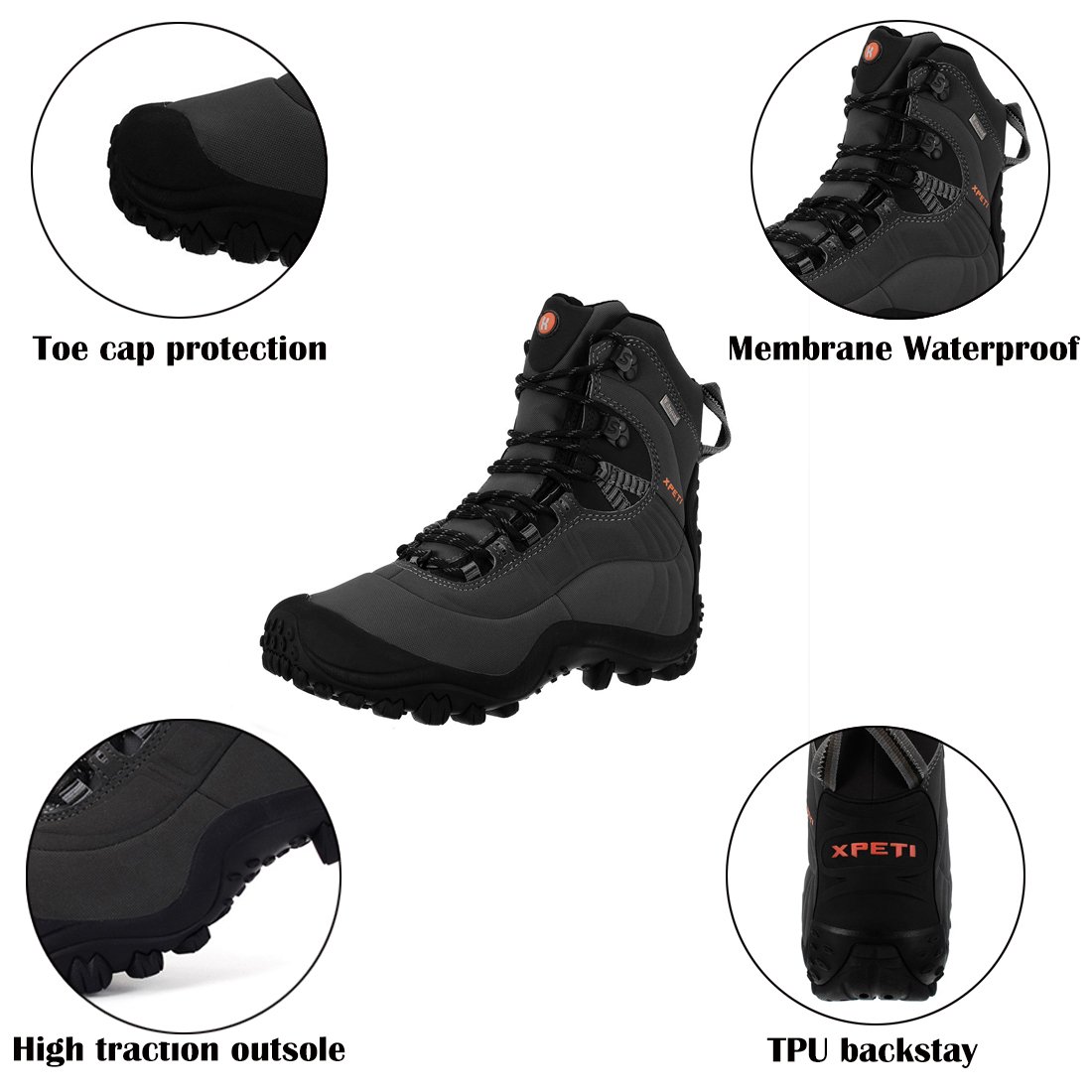 XPETI Men’s Thermator Mid-Rise Waterproof Lightweight Hiking Boot Insulated Non-Slip Grey 11