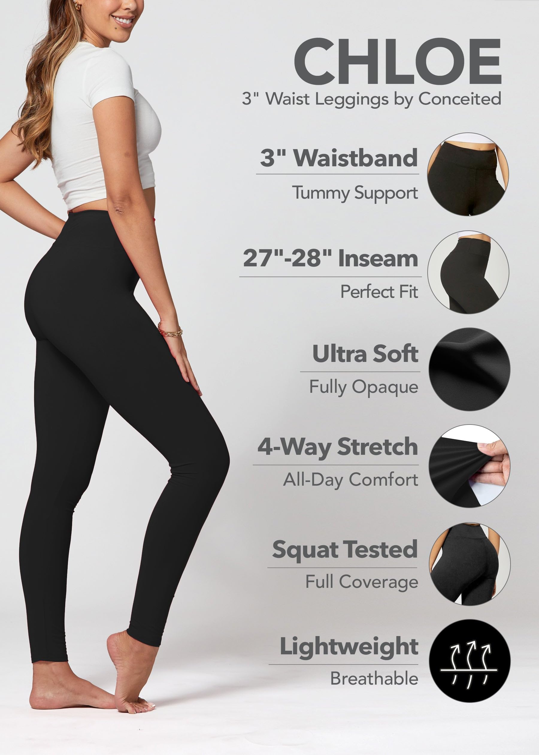 Conceited Leggings for Women - Tummy Control - 3" Waistband - Regular and Plus Size - Black - Small - Medium