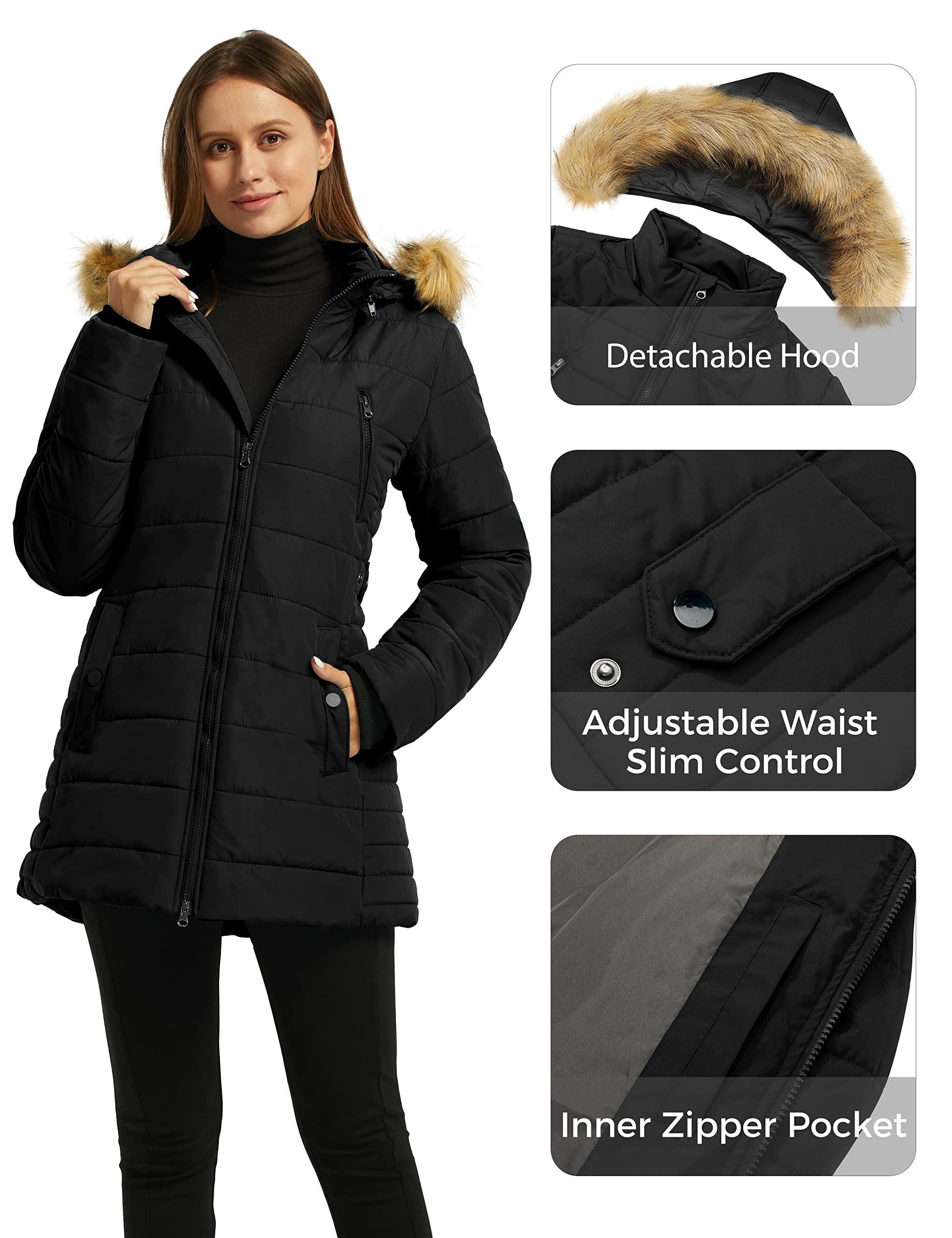 wantdo Women's Winter Warm Long Parka Coat Thicken Outerwear with Hood Black M