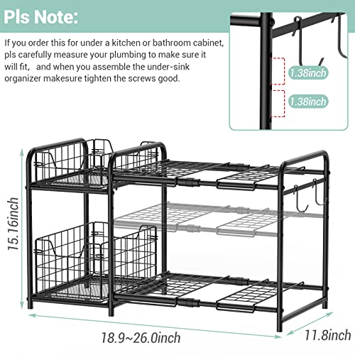 Under Sink Organizers and Storage, Zitaloken Bathroom Cabinet Organizer with Pull Out Drawer & Expandable Shelf, Kitchen Sink Organizer Metal Rack with Non-slip Feet, Matte Black