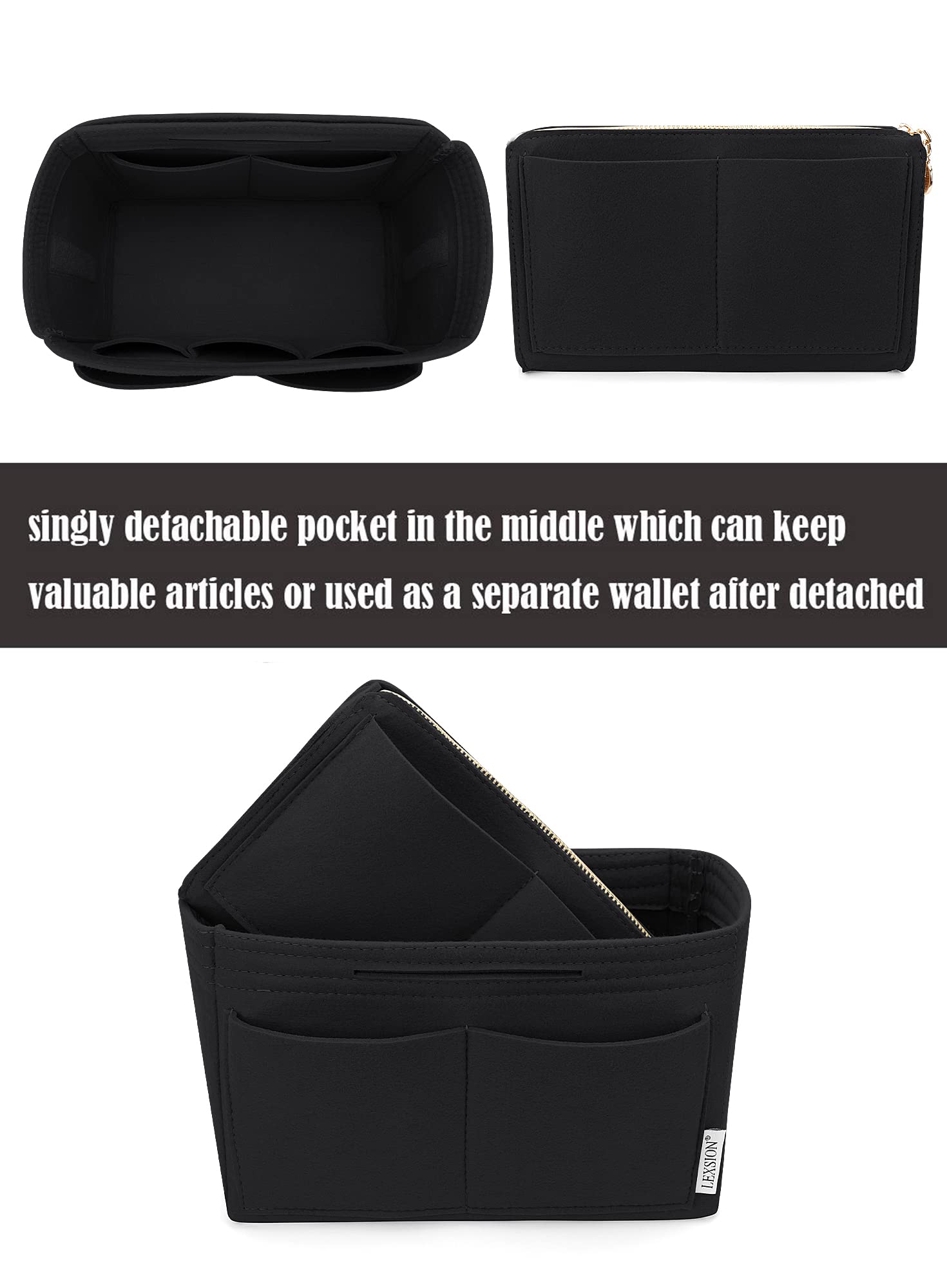 LEXSION Felt Purse Bag Organizer Insert with zipper Bag Tote Shaper Fit Speedy Neverful PM MM 8021 Black M
