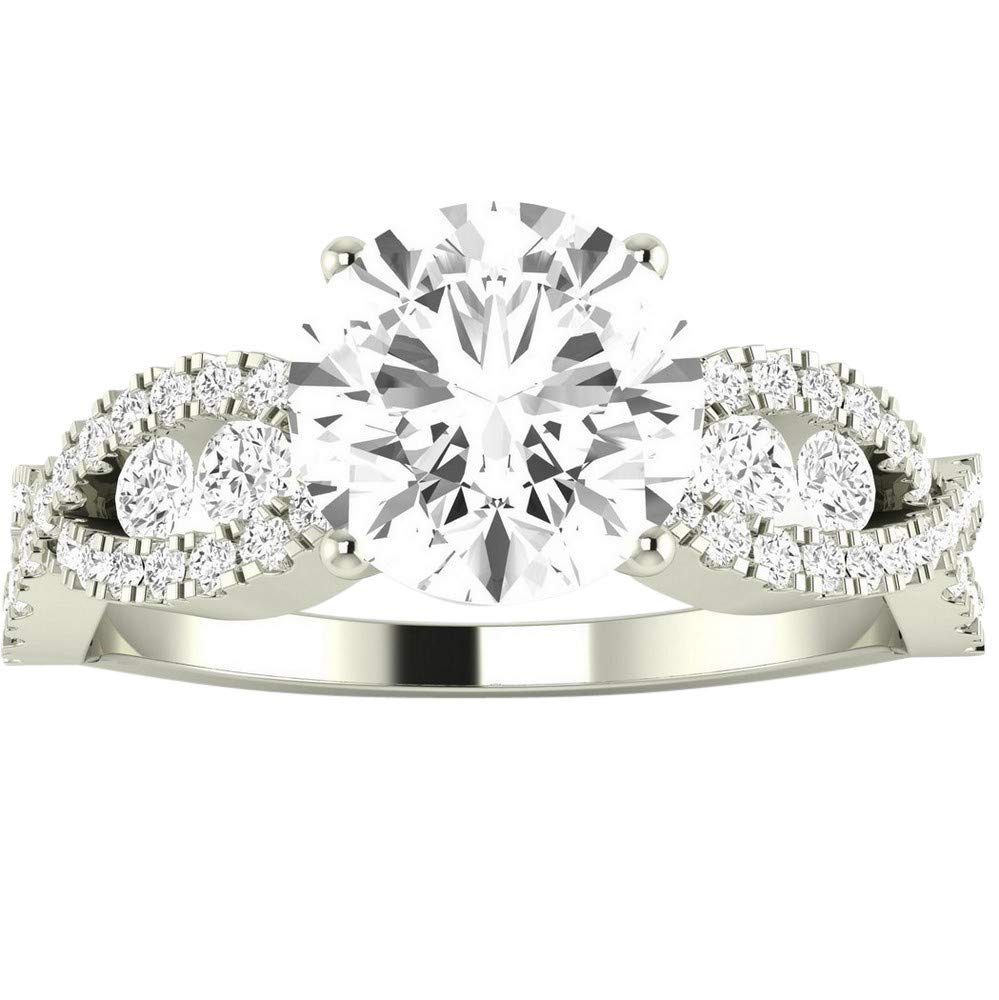Houston Diamond District 14K White Gold 1.6 CTW Round Cut Designer Twisting Eternity Channel Set Four Prong Diamond Engagement Ring, K Color I2 Clarity, 1 Ct Center