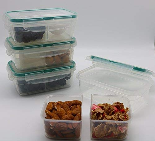 PlastArt Fresh Box Rectangle Set, Multi Piece Food Storage Container with 2 Divided Removable Compartment, Portion Control Set, 1.7-cup, 4 Pack, Clear