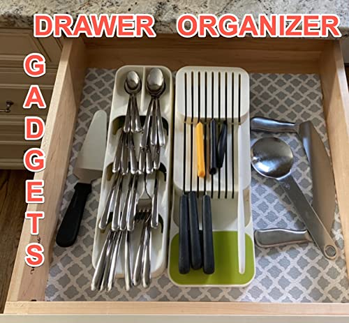 2022 Latest Kitchen Organizer Cutlery Storage Tray Knife Holder Drawer Storage for Spoons, Forks, Knives Tableware Organizer Knives Block Rack Set Cabinet Stand Multi-Purpose 15.5" (Cutlery White)