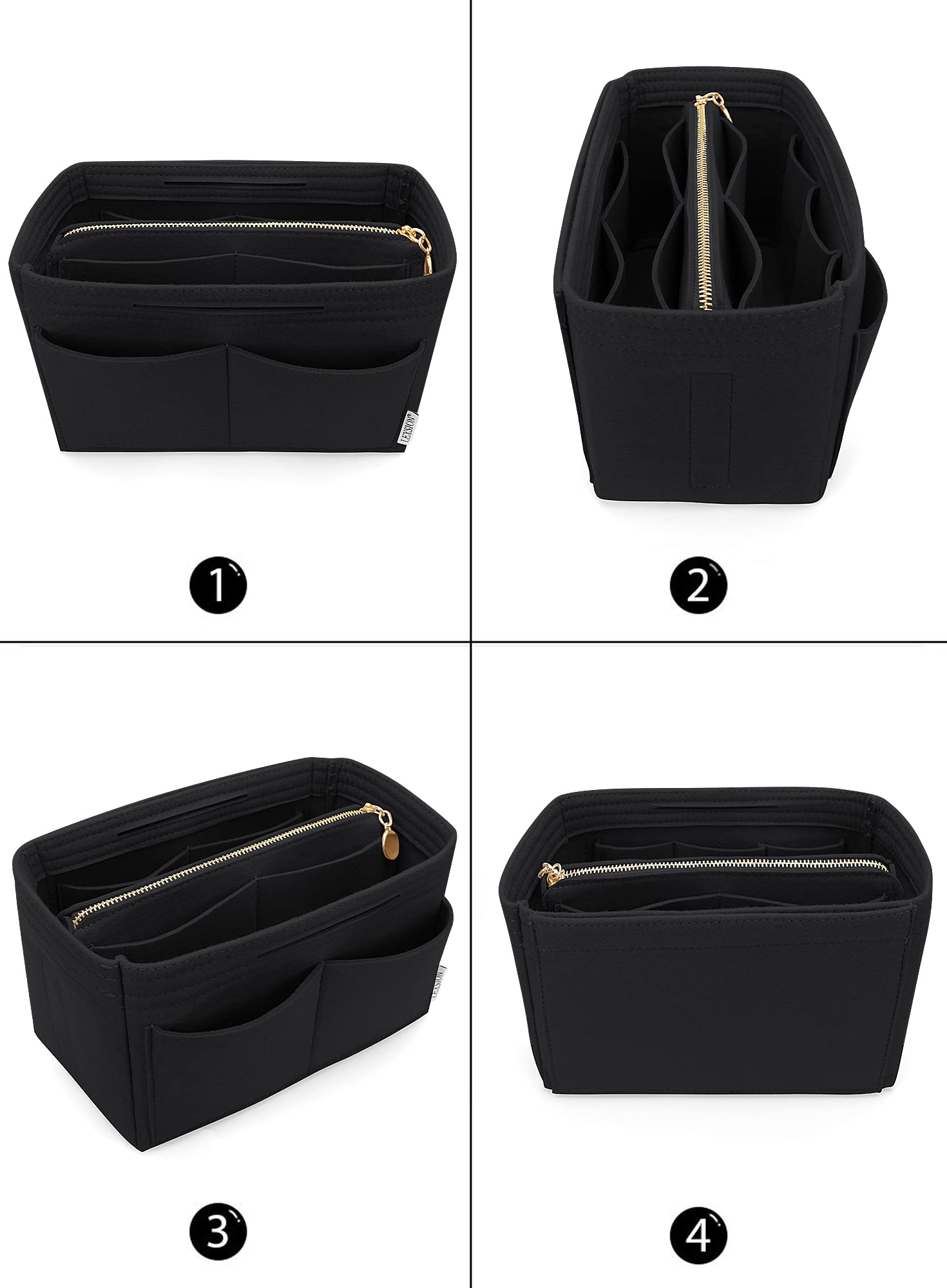 LEXSION Felt Purse Bag Organizer Insert with zipper Bag Tote Shaper Fit Speedy Neverful PM MM 8021 Black M