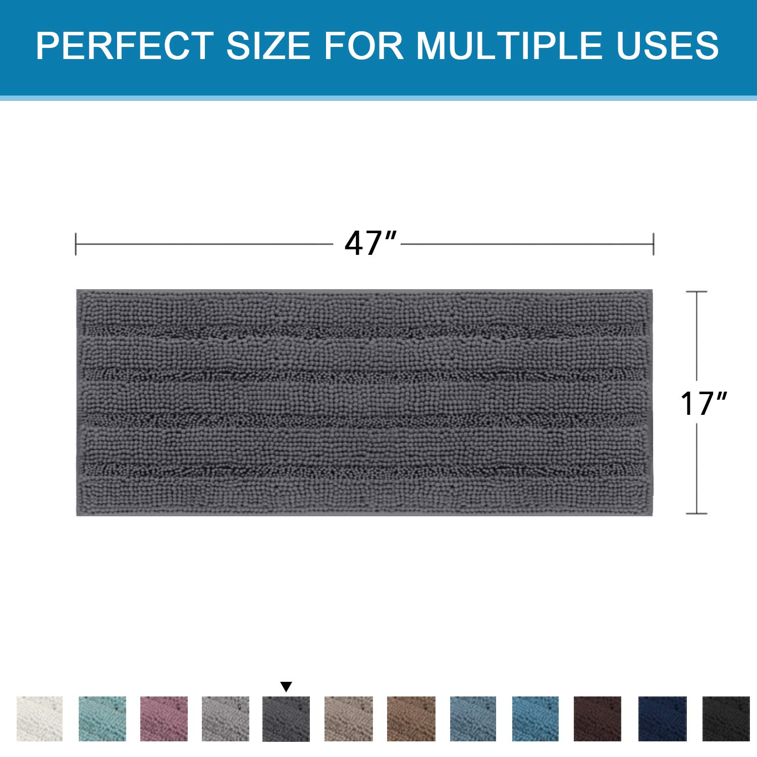 H.VERSAILTEX Bath Rugs for Bathroom Non Slip Bath Mats Extra Thick Chenille Striped Bath Rug Runners 47" x 17" Absorbent Fluffy Soft Shaggy Mats Dry Fast Plush Area Carpet for Bath Room - Grey
