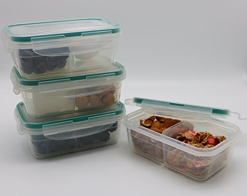 PlastArt Fresh Box Rectangle Set, Multi Piece Food Storage Container with 2 Divided Removable Compartment, Portion Control Set, 1.7-cup, 4 Pack, Clear