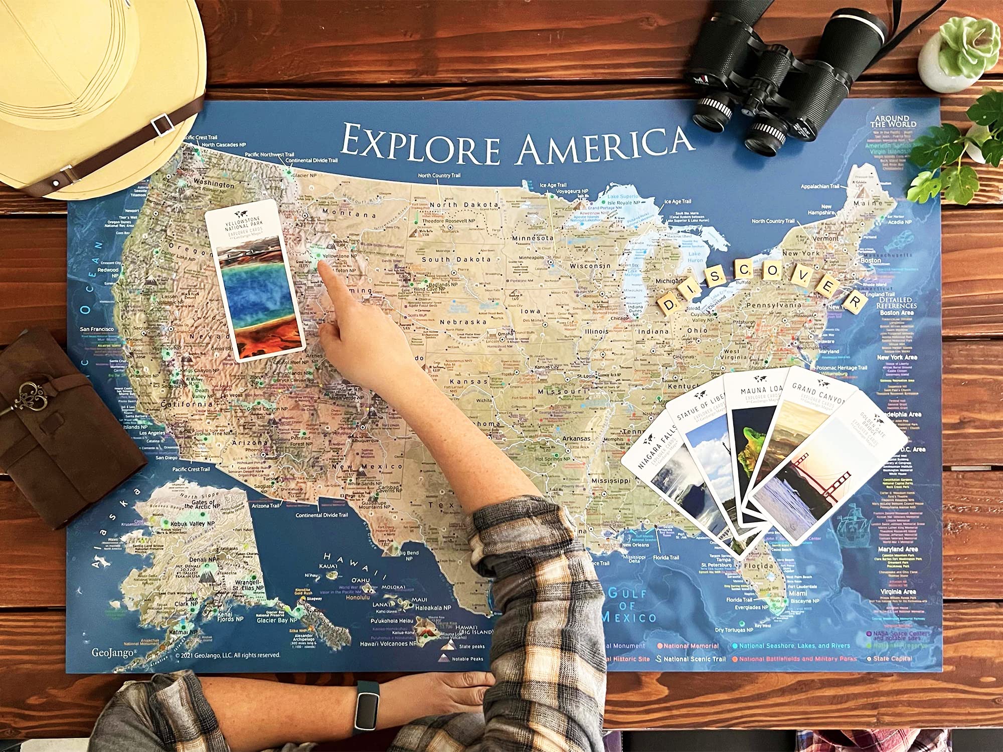 National Parks Poster Map with terrain and USA Interstates, All NPS Sites, Landmarks, Highest Peak by State Poster - 24x18 inch Map - Explore America - Voyager Edition