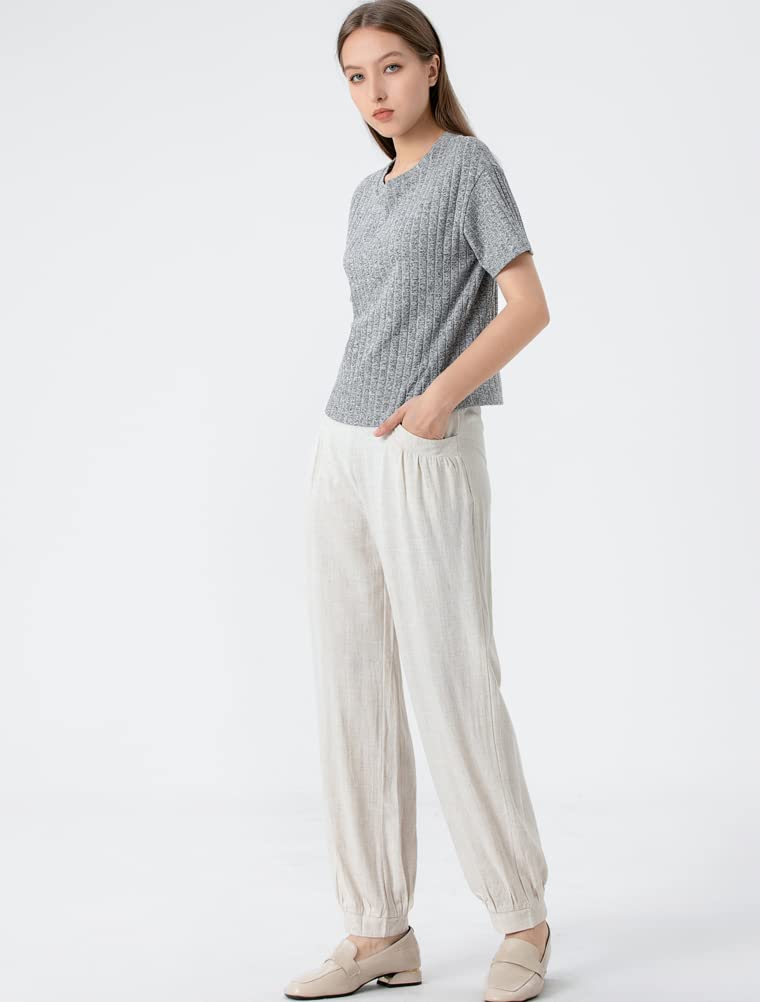 Minibee Women's New Cotton Linen Tapered Cropped Pants Elastic Waist Trousers Beige-XL
