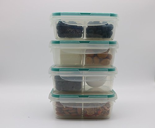 PlastArt Fresh Box Rectangle Set, Multi Piece Food Storage Container with 2 Divided Removable Compartment, Portion Control Set, 1.7-cup, 4 Pack, Clear