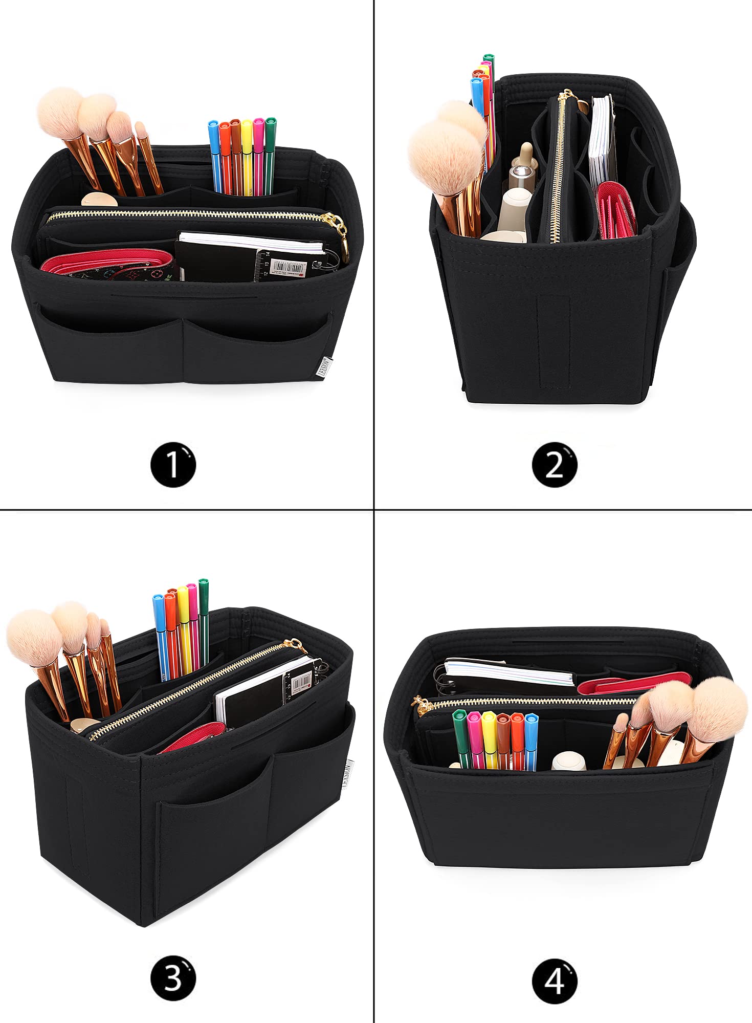 LEXSION Felt Purse Bag Organizer Insert with zipper Bag Tote Shaper Fit Speedy Neverful PM MM 8021 Black M