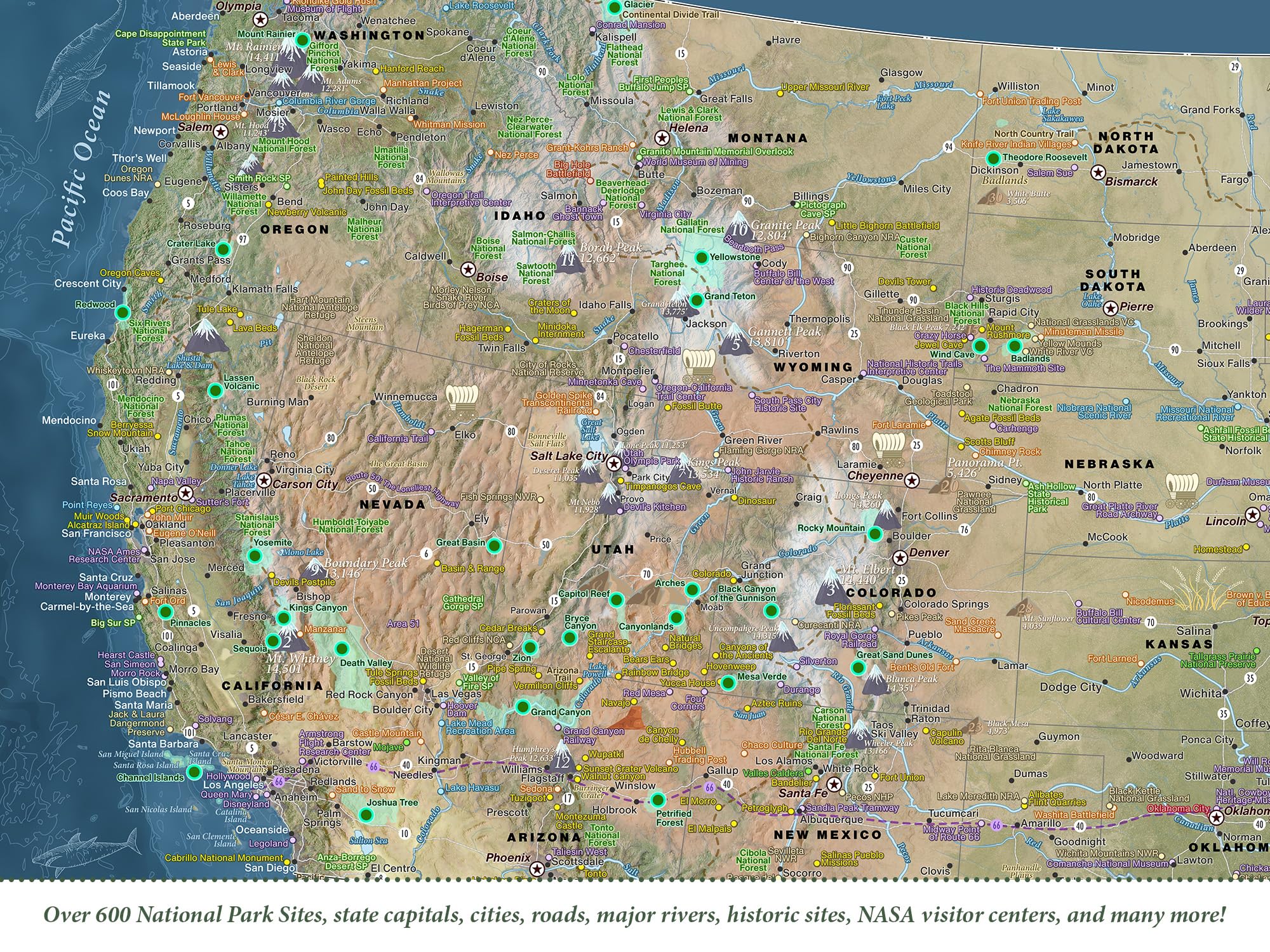 National Parks Poster Map with terrain and USA Interstates, All NPS Sites, Landmarks, Highest Peak by State Poster - 24x18 inch Map - Explore America - Voyager Edition