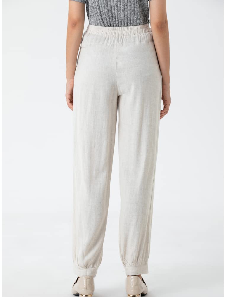 Minibee Women's New Cotton Linen Tapered Cropped Pants Elastic Waist Trousers Beige-XL