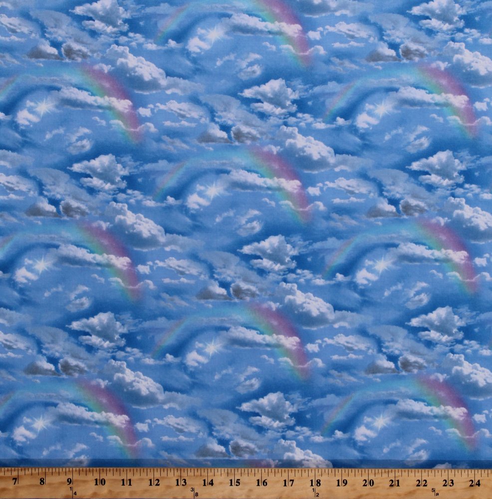 Cotton Rainbows Clouds Blue Sky Skies Sun Heavens Celestial Landscape Medley Cotton Fabric Print by The Yard (460blue)