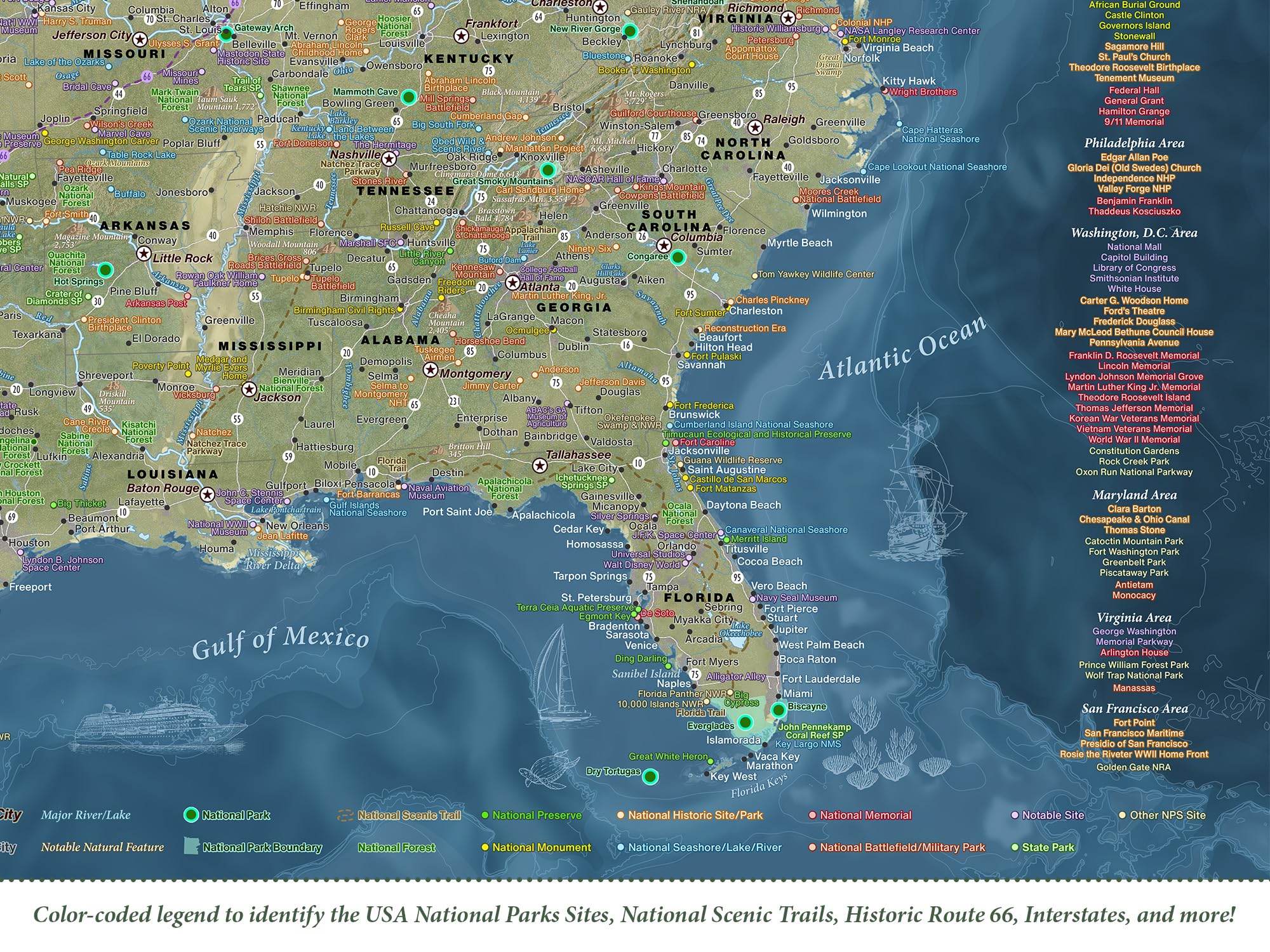 National Parks Poster Map with terrain and USA Interstates, All NPS Sites, Landmarks, Highest Peak by State Poster - 24x18 inch Map - Explore America - Voyager Edition