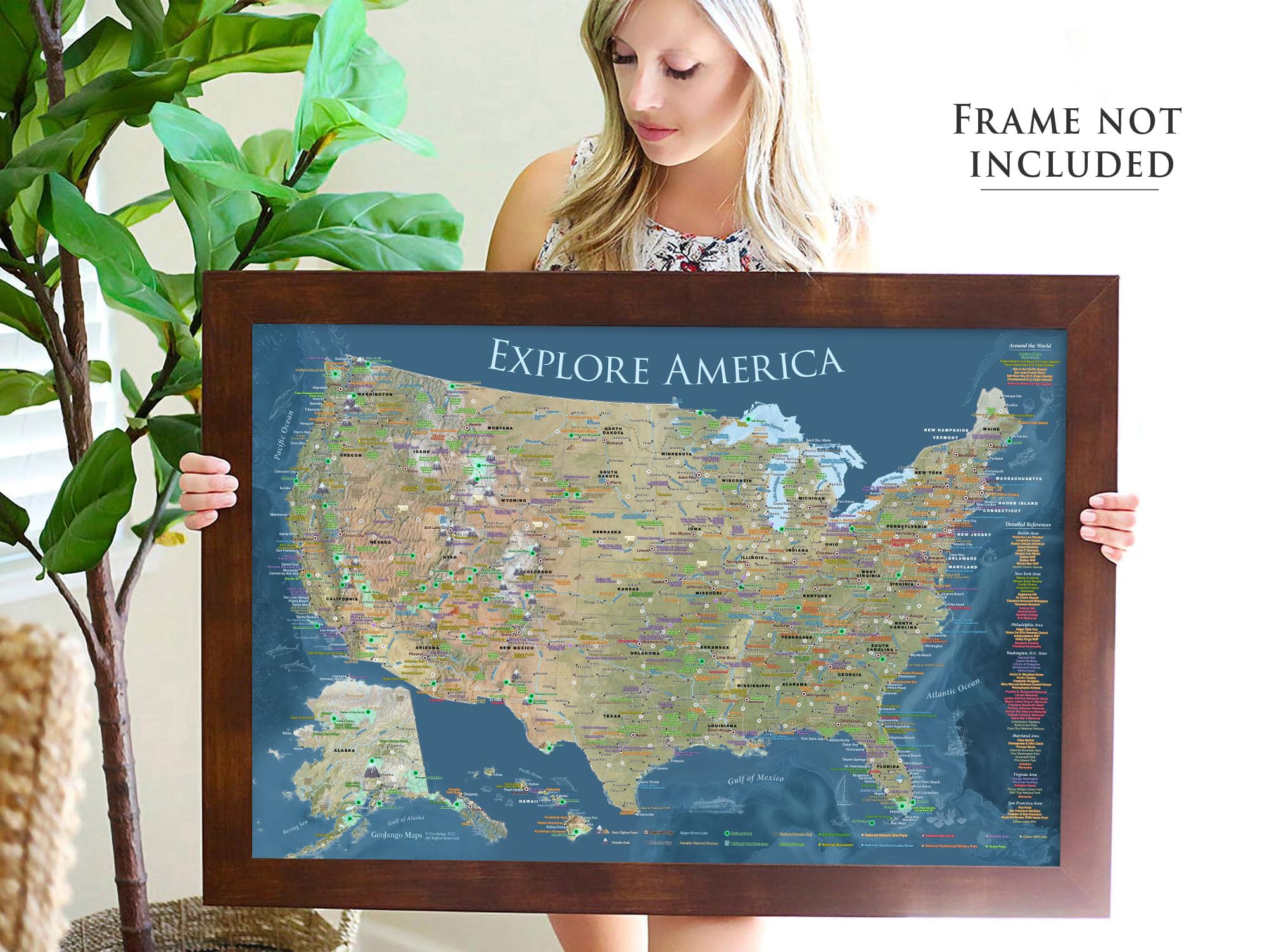 National Parks Poster Map with terrain and USA Interstates, All NPS Sites, Landmarks, Highest Peak by State Poster - 24x18 inch Map - Explore America - Voyager Edition