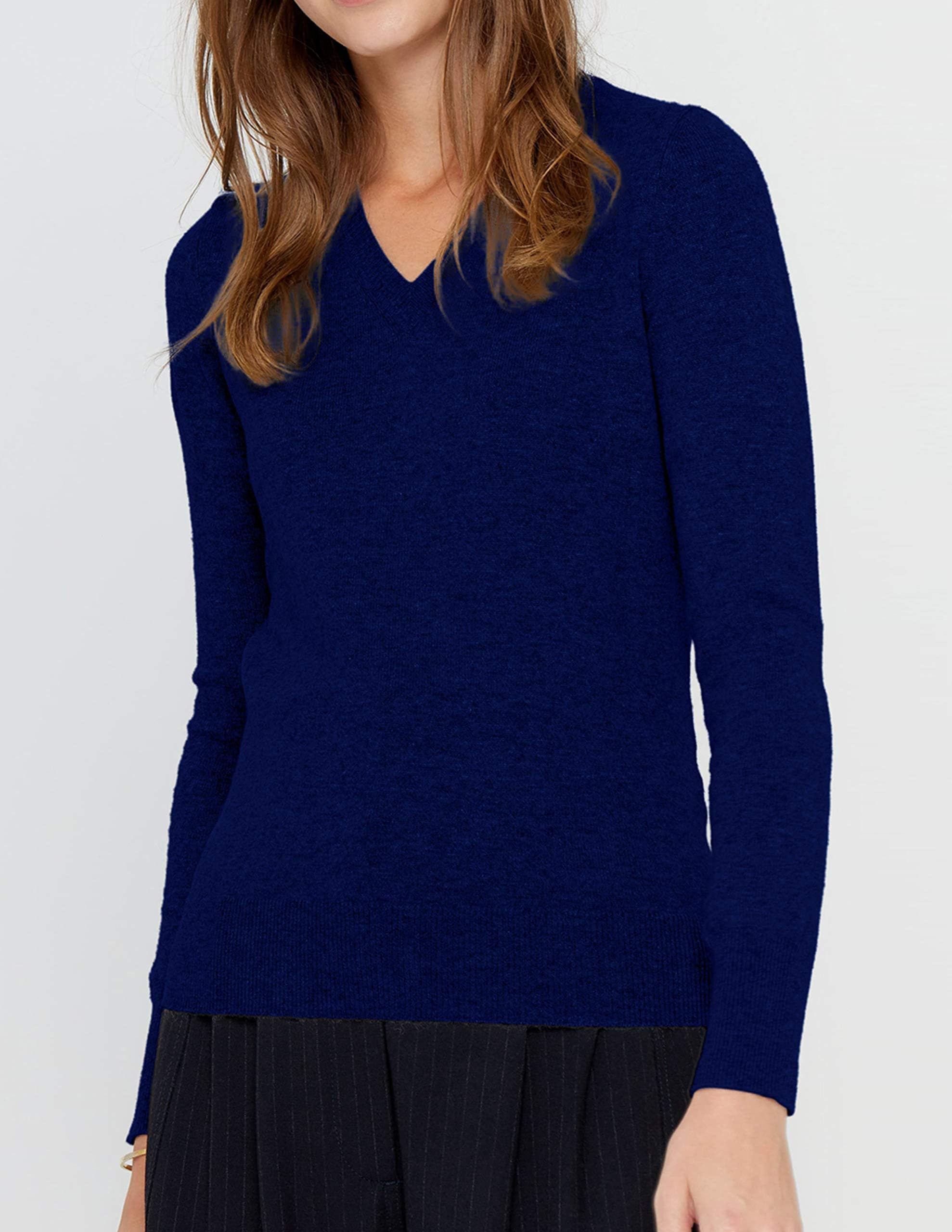 State Cashmere Women’s Essential V-Neck Sweater 100% Pure Cashmere Classic Long Sleeve Pullover (Navy, XX-Large)