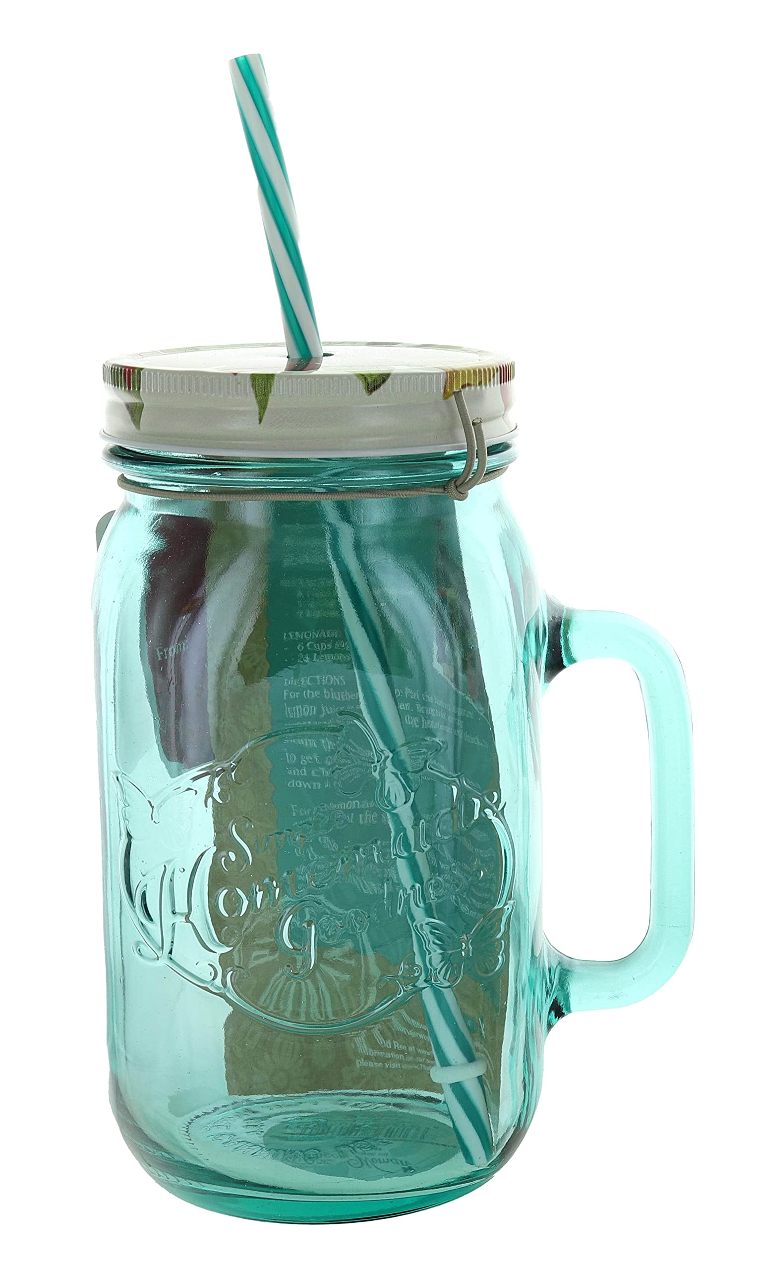 The Pioneer Woman 32 oz. Aqua Glass Mason Jar With Poinsettia Lid & Striped Straw