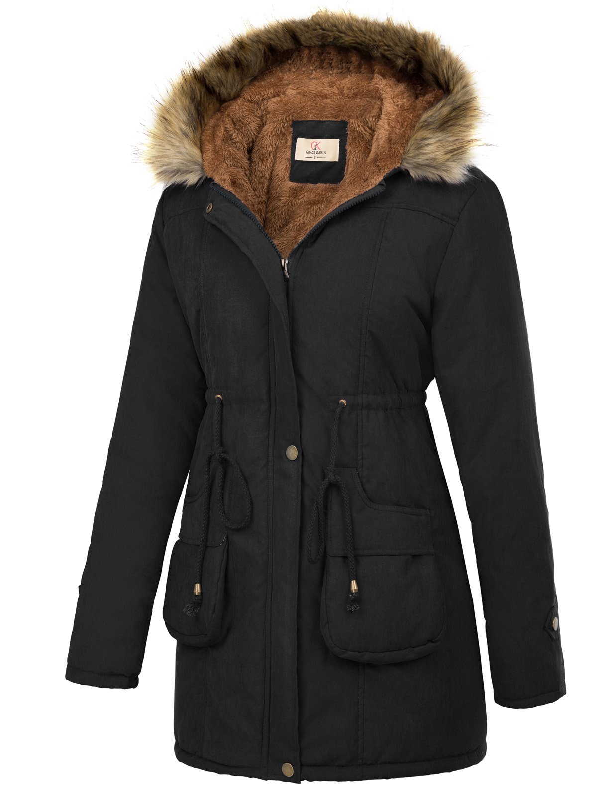 GRACE KARIN Womens Military Hooded Thicken Fleece Parkas Anroaks Coats S Black