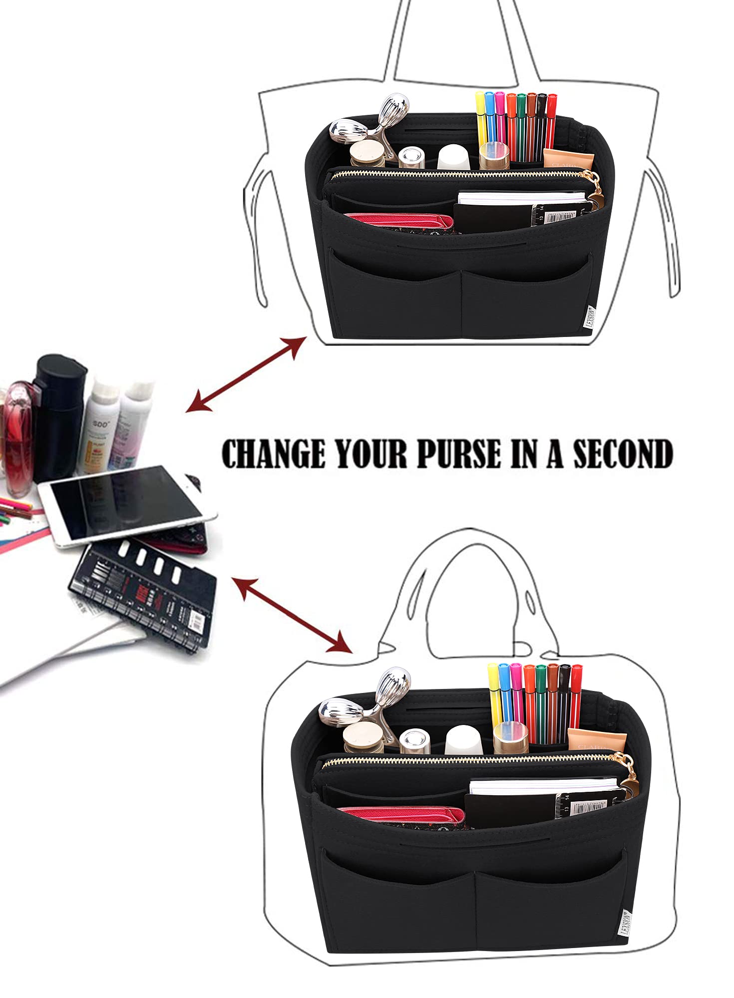LEXSION Felt Purse Bag Organizer Insert with zipper Bag Tote Shaper Fit Speedy Neverful PM MM 8021 Black M